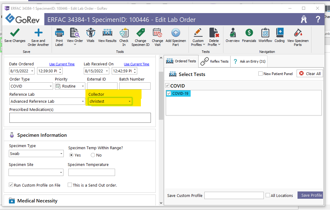 Added a Collectors field in Lab Order | Guru
