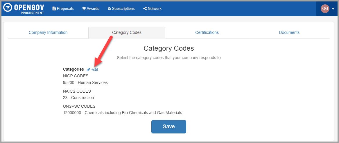 Vendor Selection of Category Codes